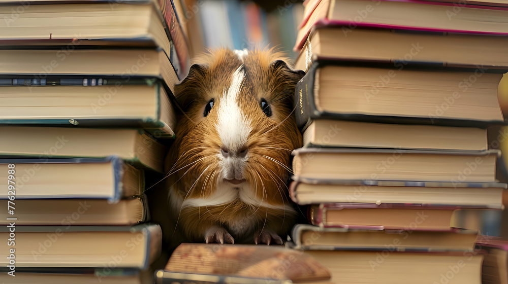 A guinea pig peeking out from behind a stack of books on a bookshelf ...