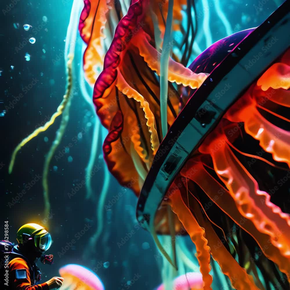 deep sea diver in front of neon giant jellyfish in space water ...
