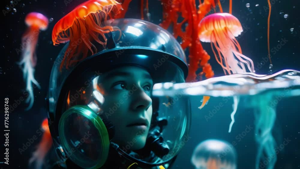 deep sea diver in front of neon giant jellyfish in space water ...