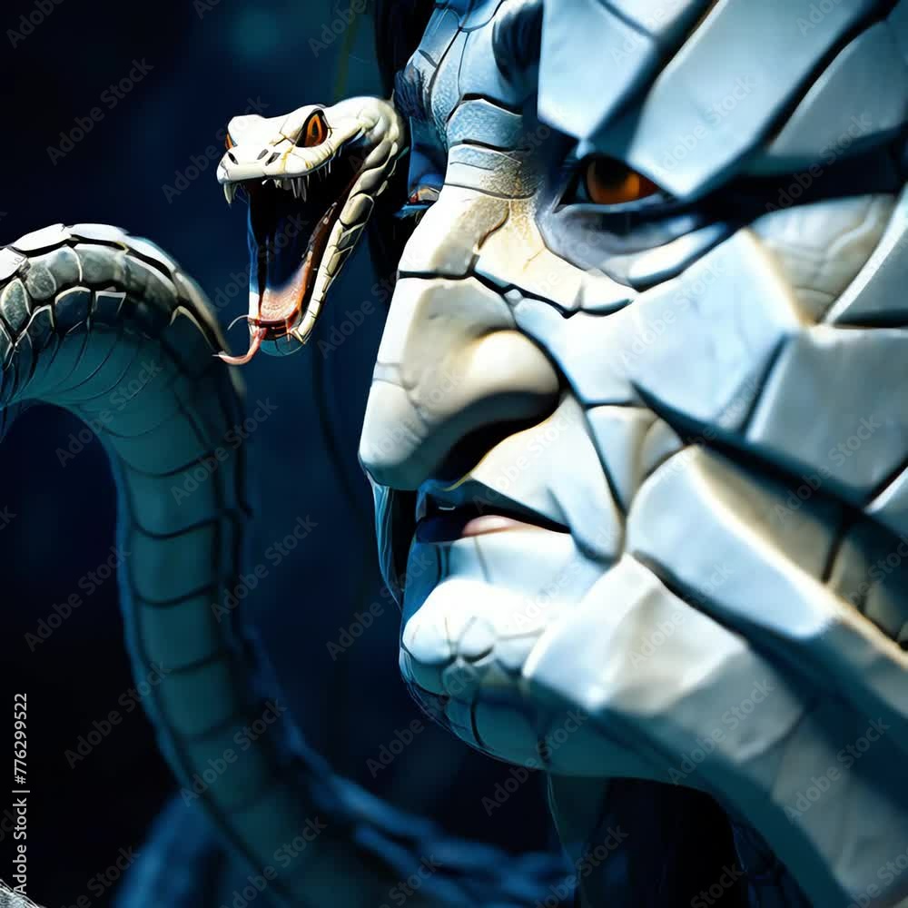 Vidéo Stock sinister, smiling medusa with glowing eyes, pale white ...