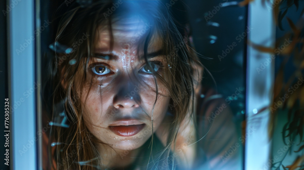 Terrified Woman Trapped in House, Trying to Escape Through Window Stock ...