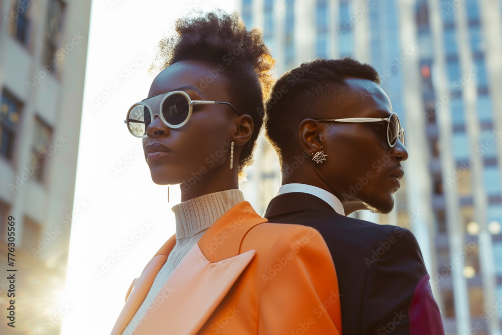 African-American luxury fashionable couple in the city, copy space of a ...