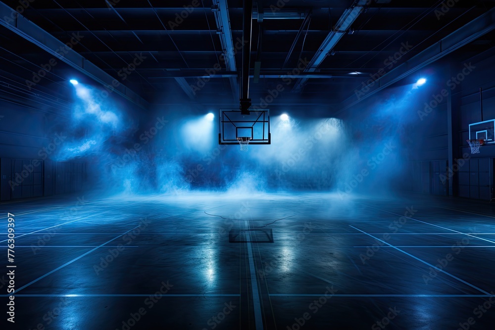 dark and dramatic high school basketball court, basketball hoop, blue ...