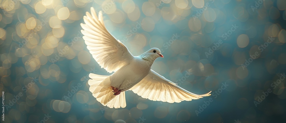 There is a flying white dove, which is the holy spirit bird, flying in ...