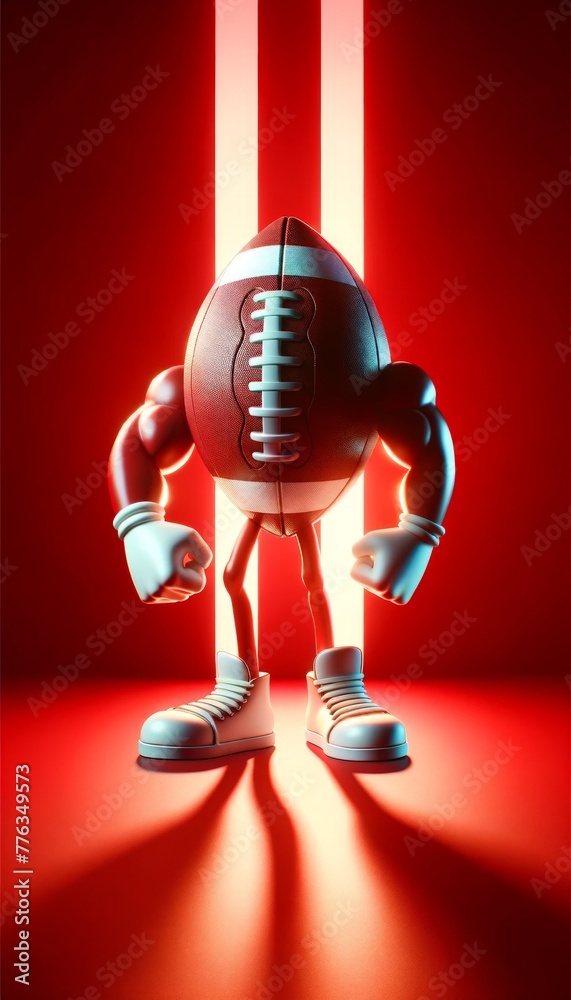 Anthropomorphic American football ball with arms and legs on an red ...