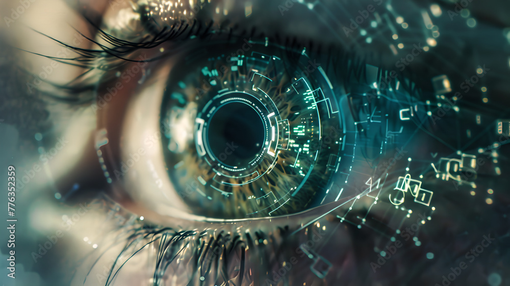 concept of AI robotics: close up of female eye iris blue green lighted ...
