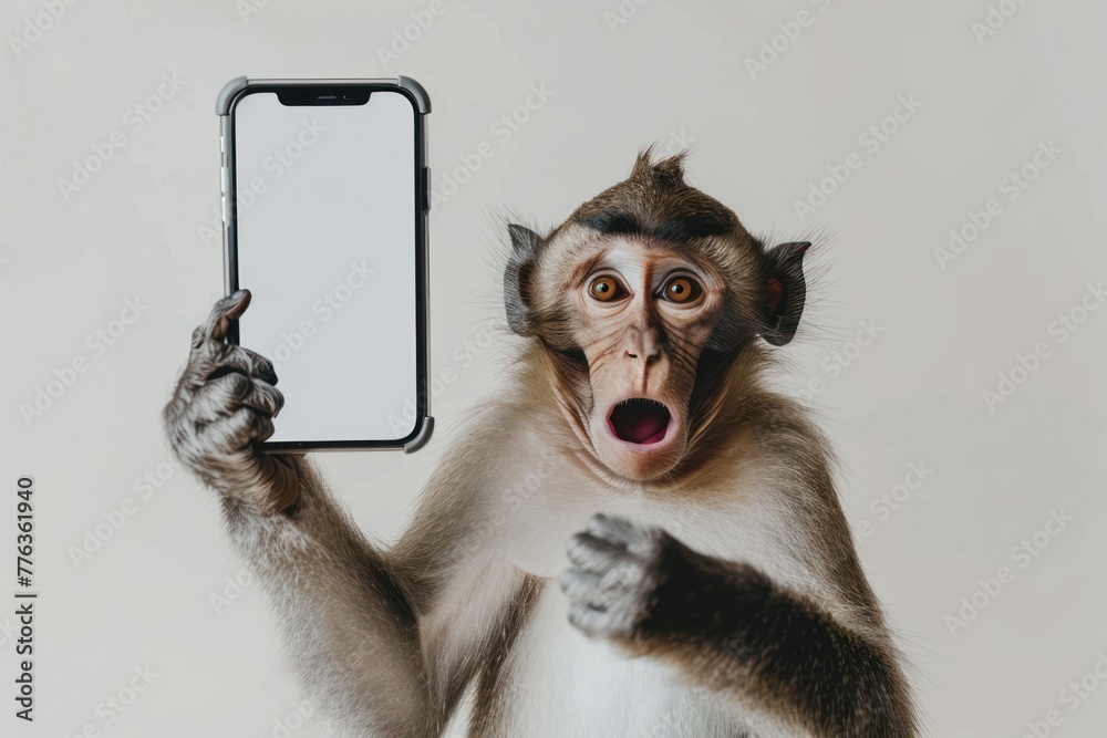 Shocked monkey holding smartphone with white mockup screen on solid ...