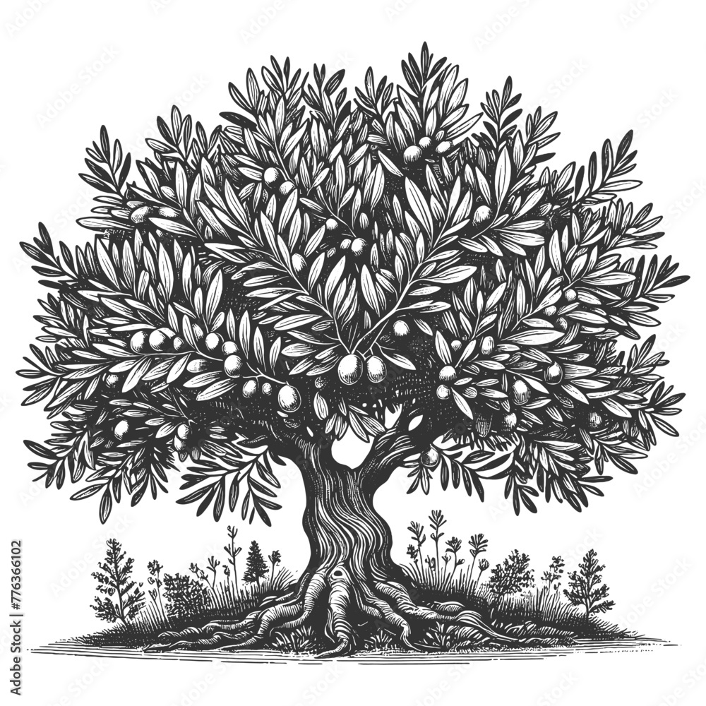 olive tree full of ripe olives, set in a serene landscape with ...