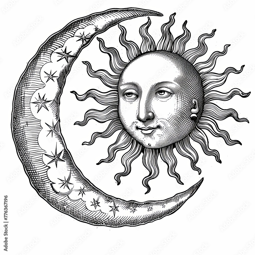 Depiction of the sun and crescent moon with faces and rays. A mystical ...