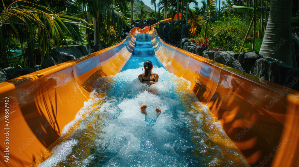 Exciting moment on a water slide with a person in a tube splashing down ...