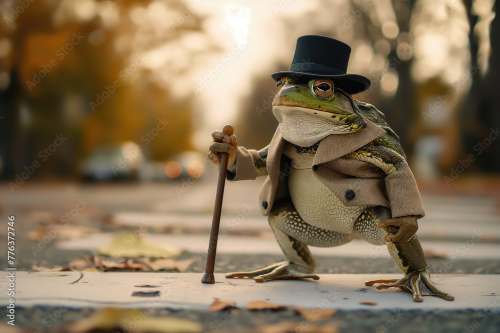 Funny toad crossing the road in spring migration, dressed as old ...