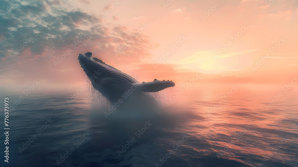 Massive gray whale emerging from the misty ocean spray, its immense ...