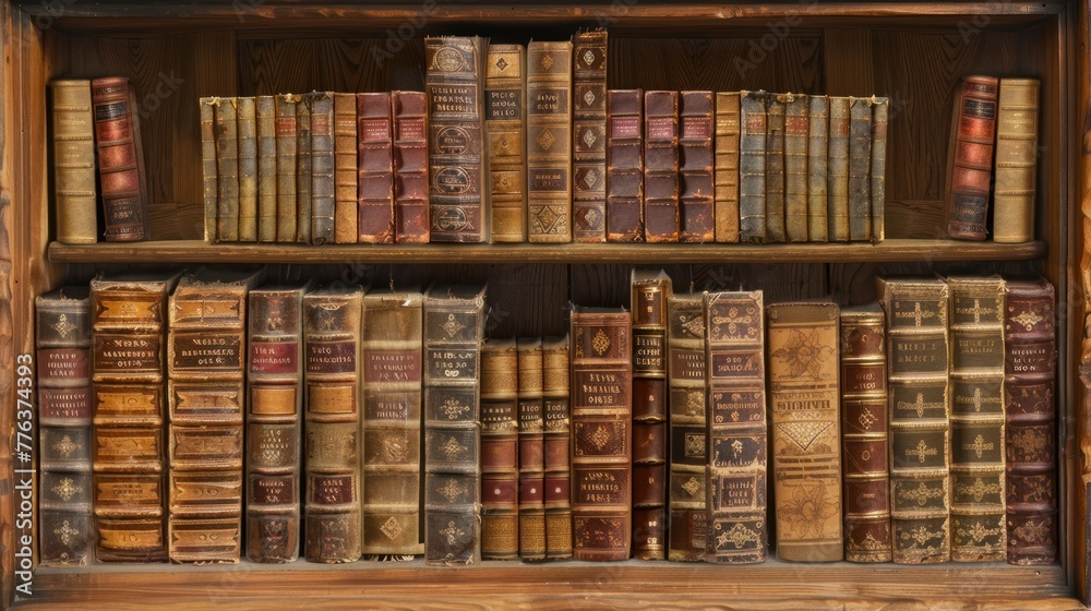 Wall full shelf of ancient books and manuscripts in library room ...