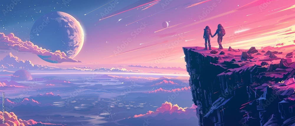 Humans and aliens shaking hands on a space station, with Earth and ...