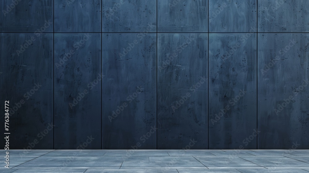 Textured dark blue metal wall panels with floor. Industrial style ...