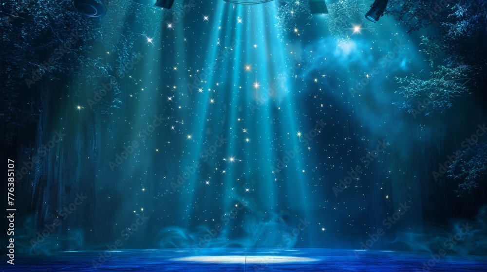 Enchanted forest stage with sparkling lights and blue mist. Magical ...