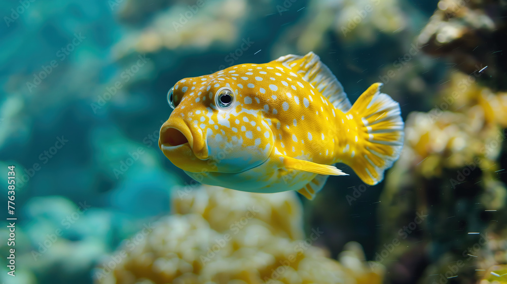 A yellow puffer fish with white spots and mouth open is swimming in the ...