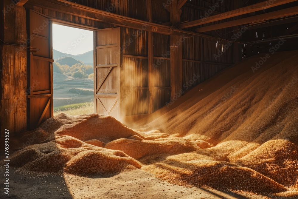 Wooden rustic barn with grain harvest with open doors on nature ...