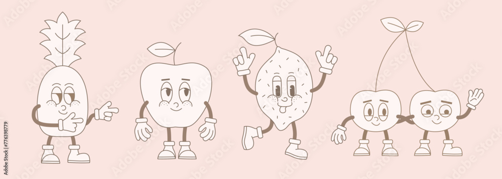 Groovy line beige cartoon fruits. Comic mascot of 60s and 70s funky ...