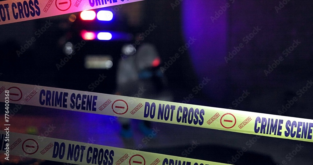 Police tape, crime scene or csi photographer with evidence of murder ...