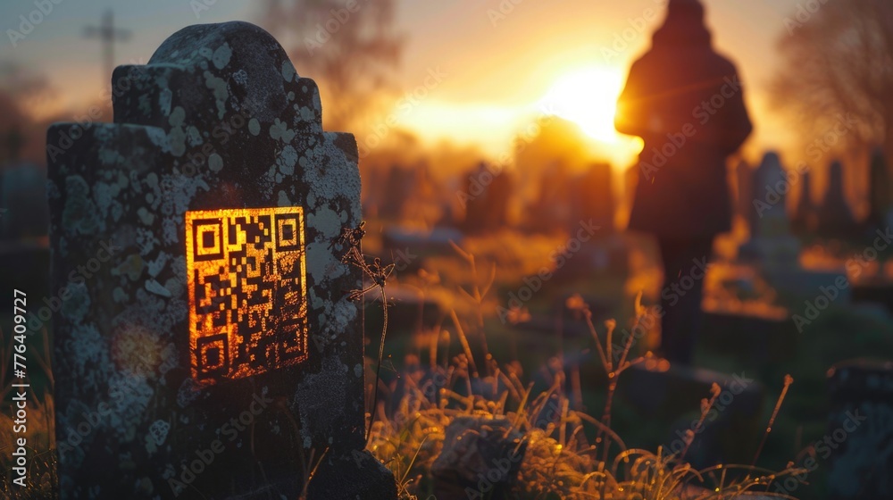 A granite tombstone adorned with a QR code sticker at its heart. A ...