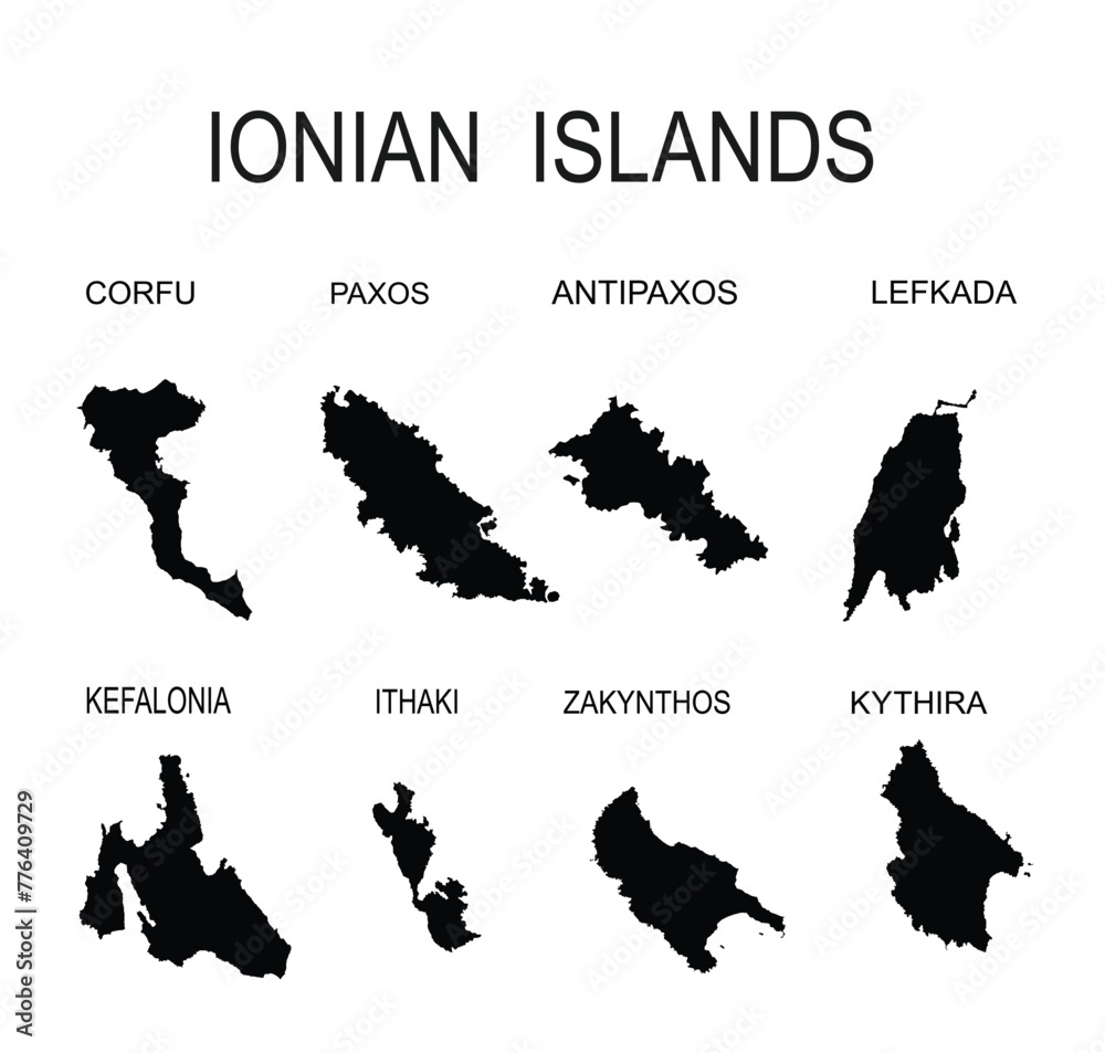 Ionian islands set vector silhouette illustration isolated. Corfu map ...