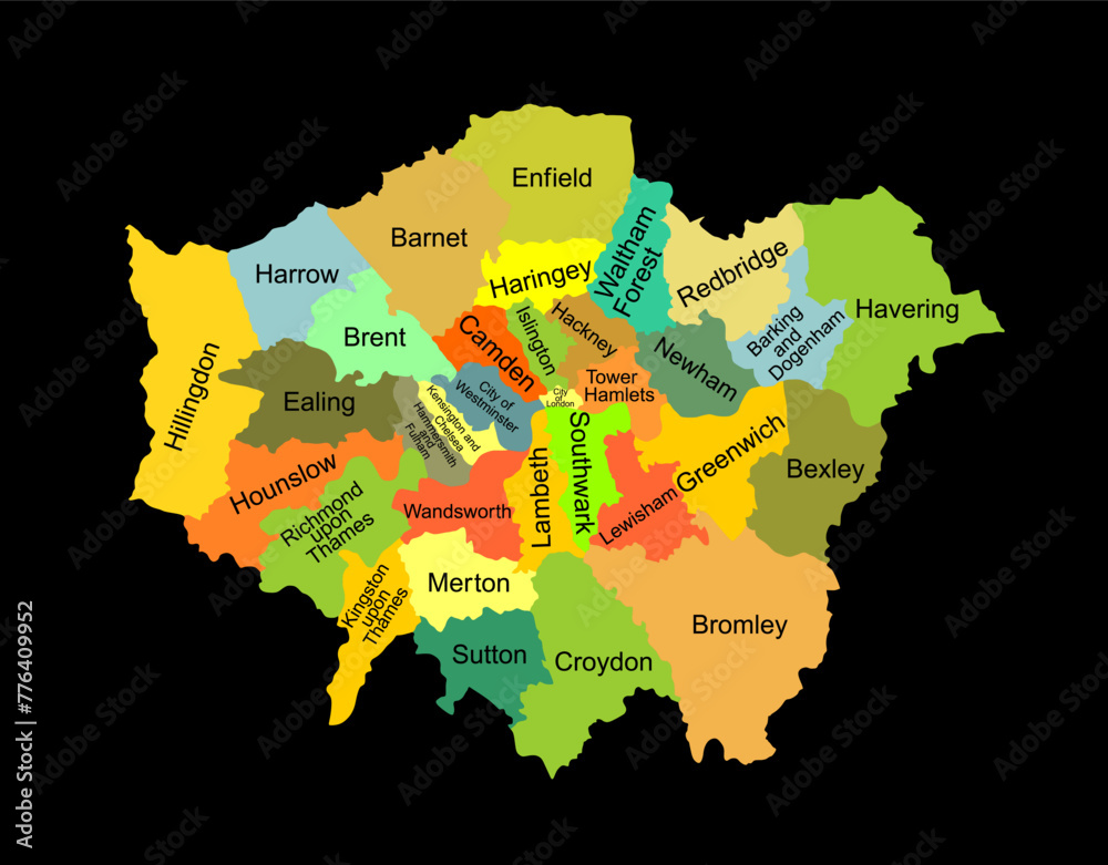 Greater London map vector silhouette illustration isolated on black ...