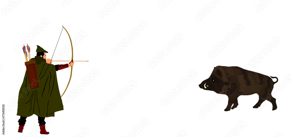 Hunter archer hunting wild boar vector illustration isolated on white ...