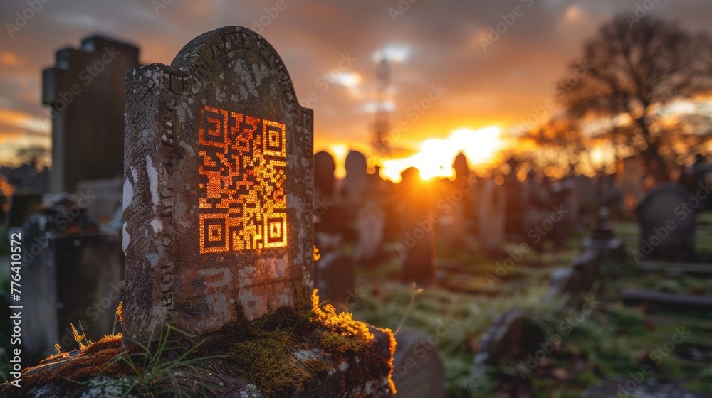 A granite tombstone adorned with a QR code sticker at its heart. A ...