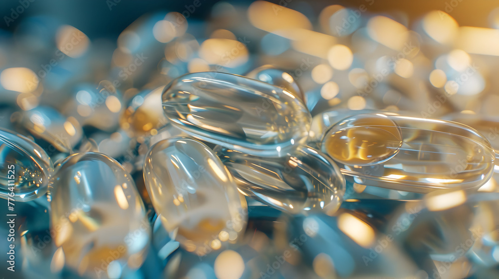 A pile of pills are shown in a blurry, hazy light. The pills are clear ...