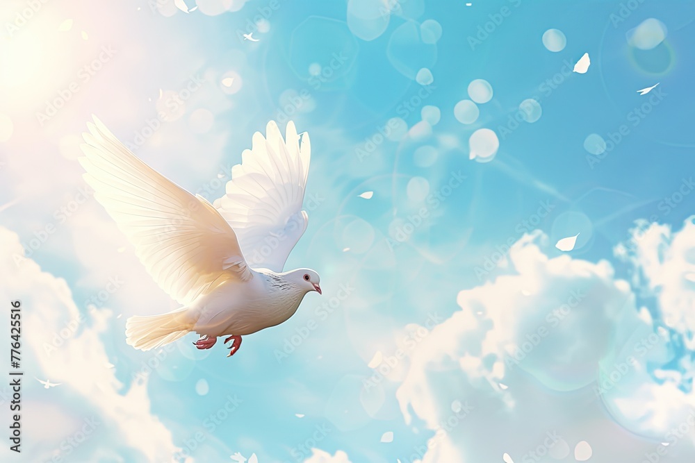 Funeral background with white doves flying in the blue sky, copy space ...