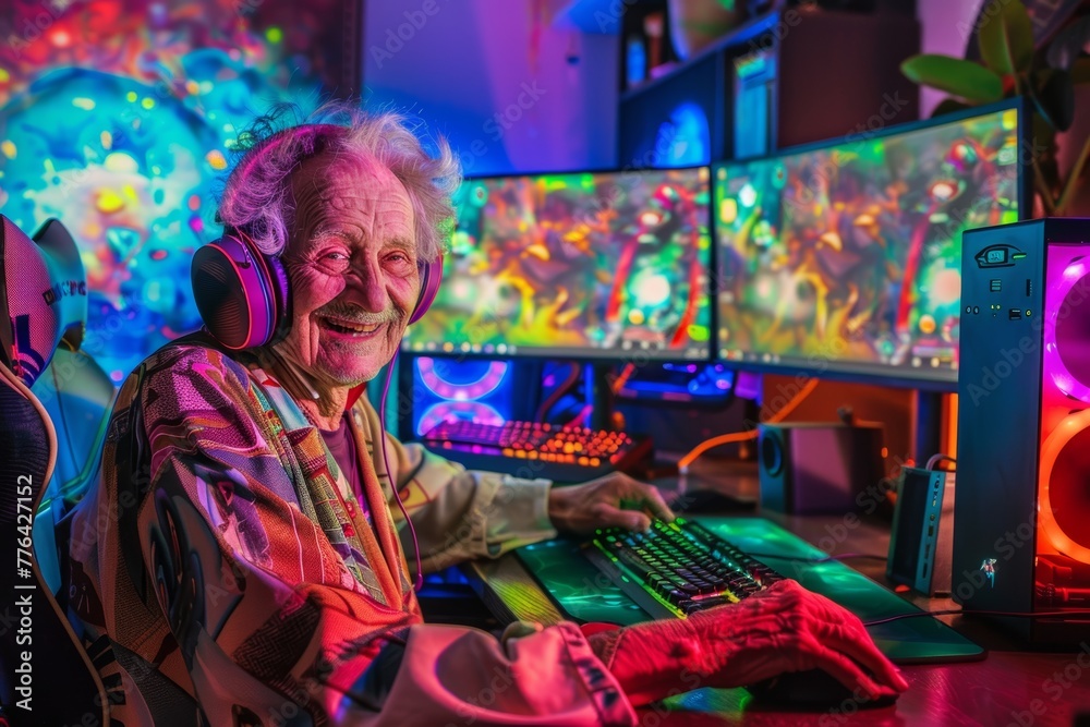 Elderly male gamer with headphones at a colorful PC gaming station ...