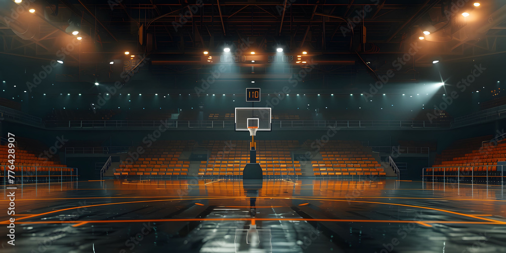 An empty basketball court is illuminated by spotlights, creating ...