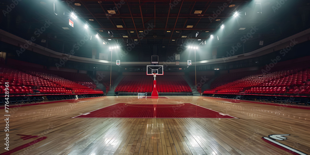 An empty basketball court is illuminated by spotlights, creating ...