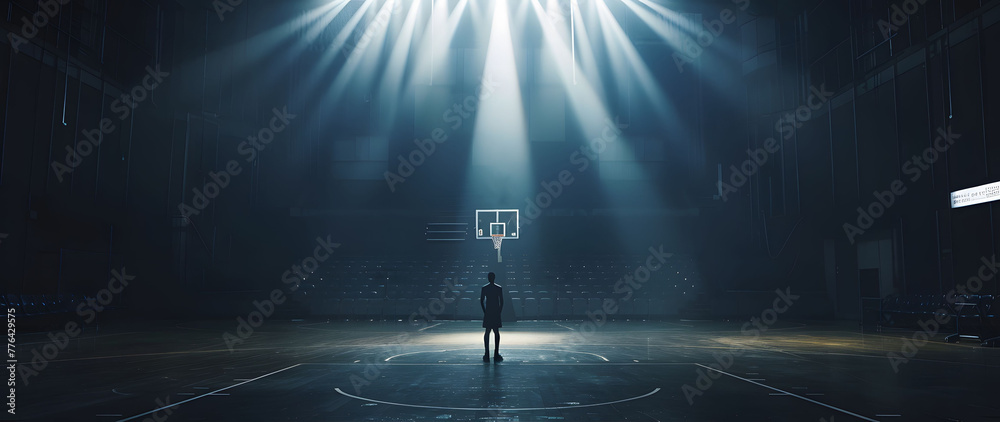 A basketball player in an empty basketball court is illuminated by ...