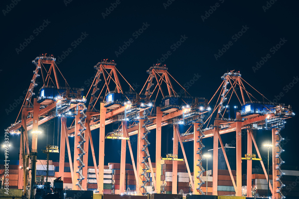 Cargo container terminal. Gantry cranes at sea port. Night view of ...