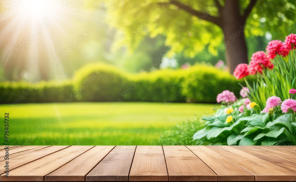 Empty wooden table top in front of blurred spring garden background ...