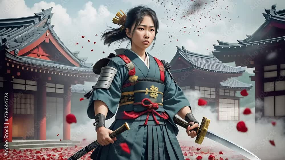 A female samurai with a sword in her hand is preparing for battle ...