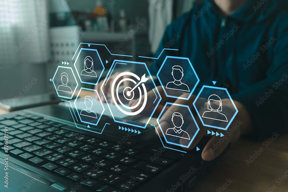 Target audience concept. Businessman click on target button on virtual ...