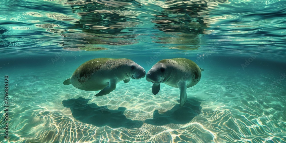 Two manatees swimming in the ocean with their noses touching ...