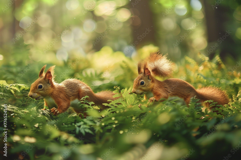 Foto de Sweet little squirrels scampering through the lush greenery of ...