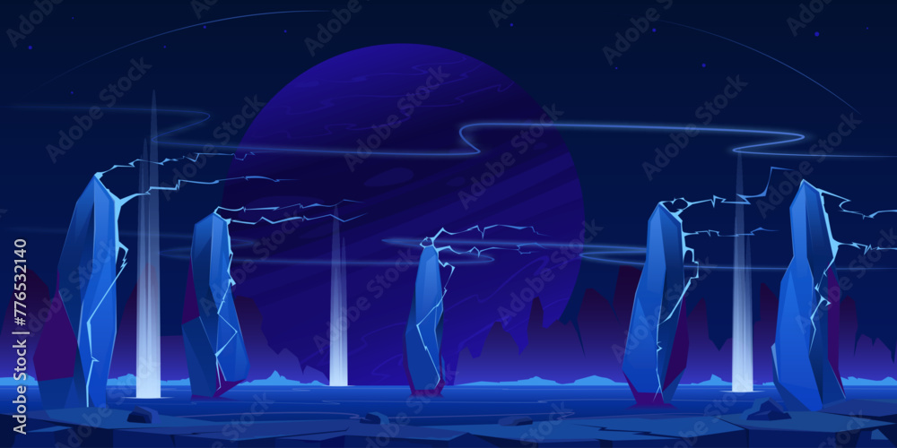 Space landscape of an ice planet. Electrical storm raging on the planet ...