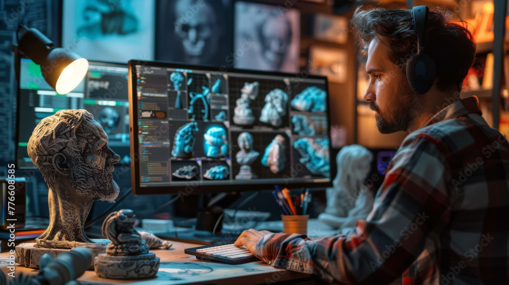 Digital artist sculpting with holographic tools, blending technology ...