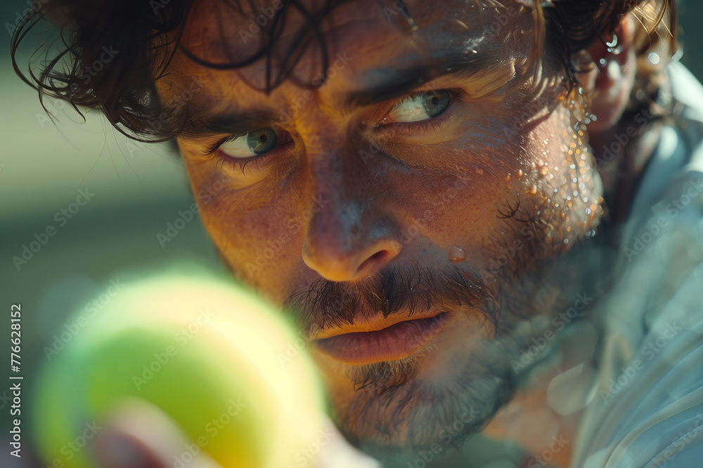 European male tennis player and blurred tennis ball, expressing his ...