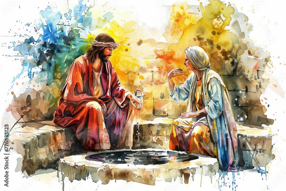 Jesus Christ speaking with Samaritan woman at well, eternal life and ...
