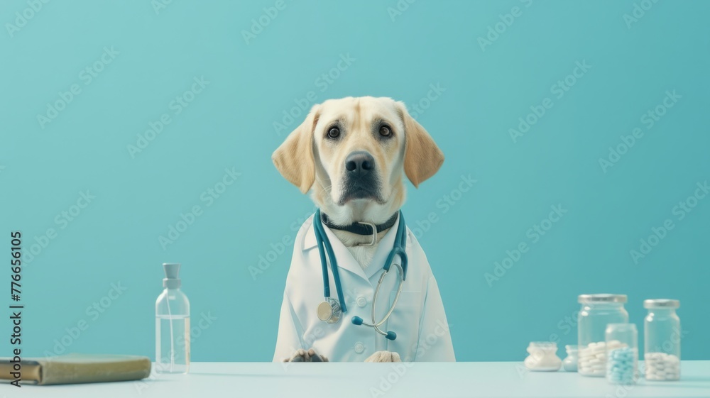 Labrador with doctor attire in a blue room - Labrador retriever in a ...