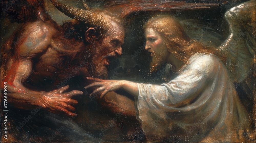 Symbolic confrontation: battle between God and the devil, good and evil ...