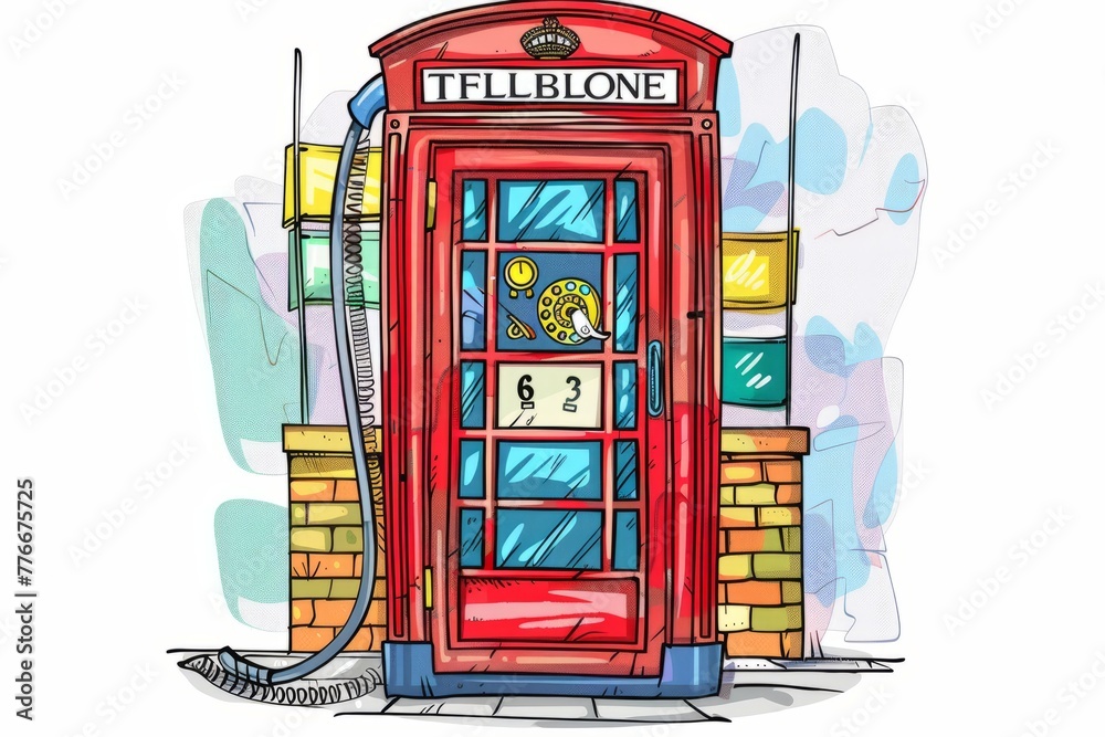 Cartoon cute doodles of a classic telephone booth with colorful signs ...