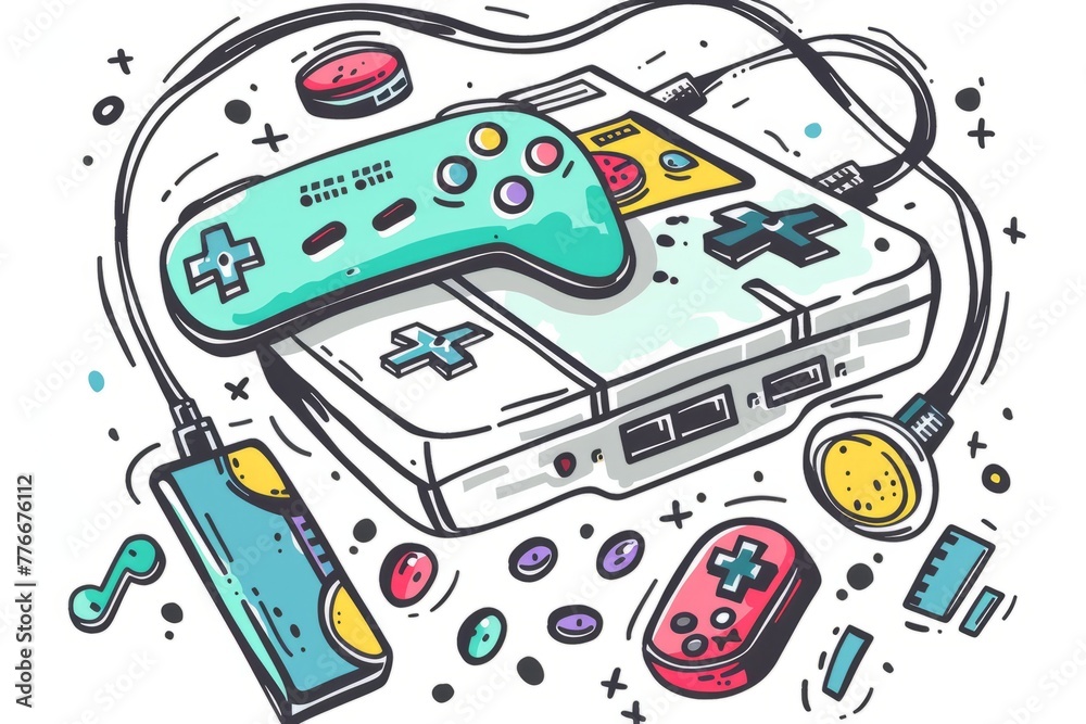 Cartoon cute doodles of a nostalgic gaming console with colorful ...