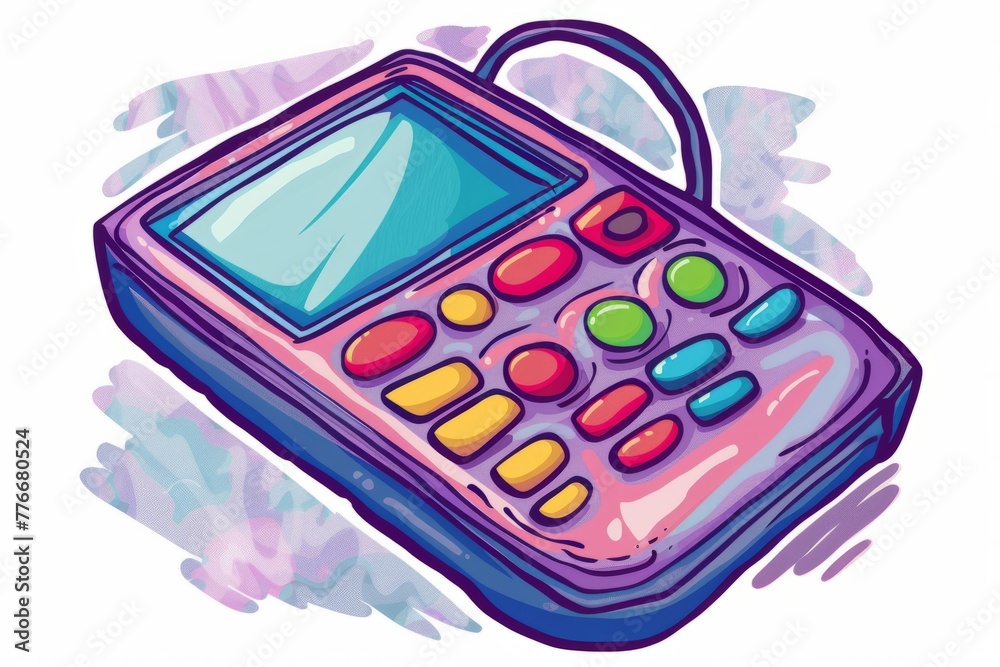 Cartoon cute doodles of a retro pager with colorful buttons and a tiny ...